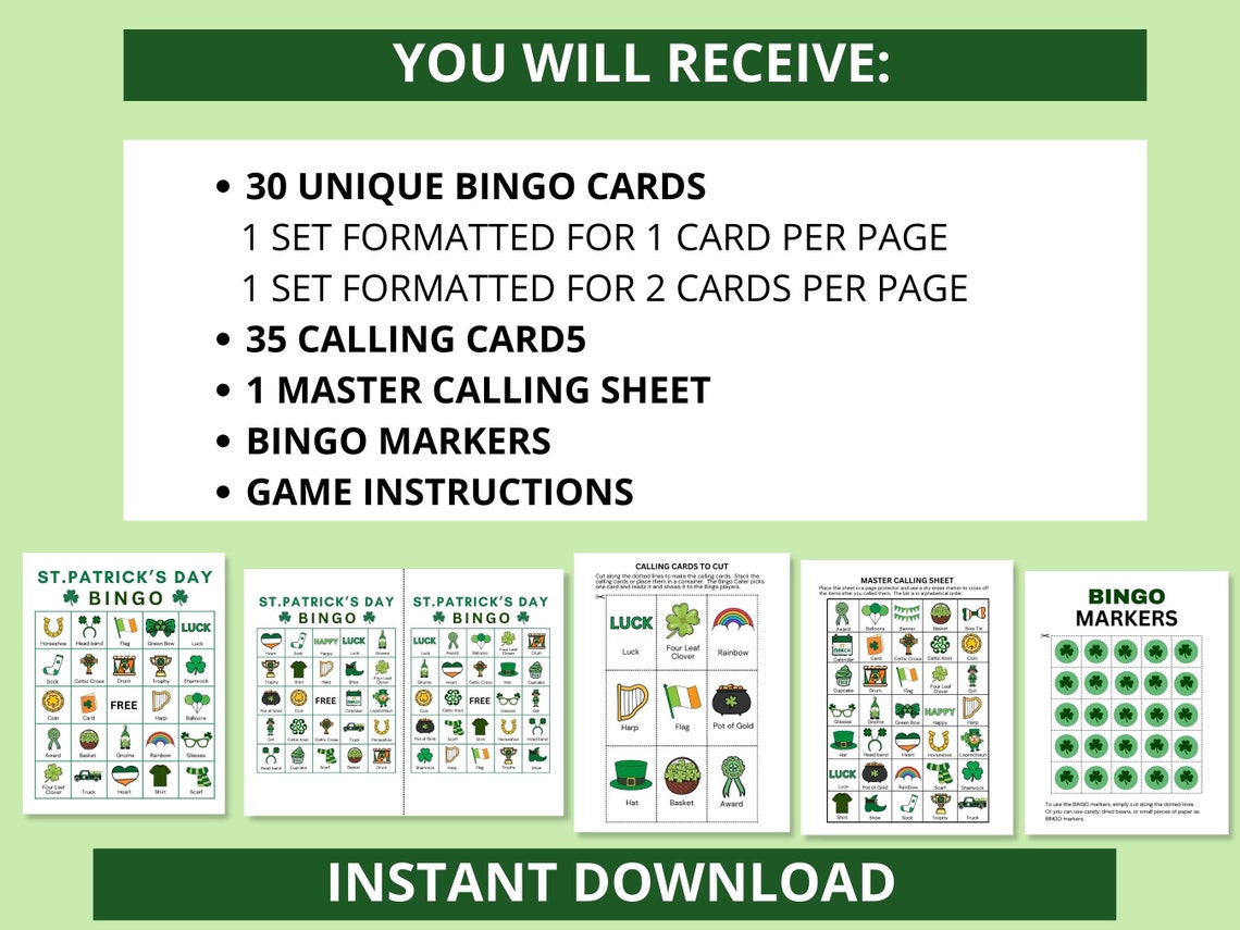 St. Patrick's Day Bingo Printable 30 St. Patrick's Day Bingo Cards St ...