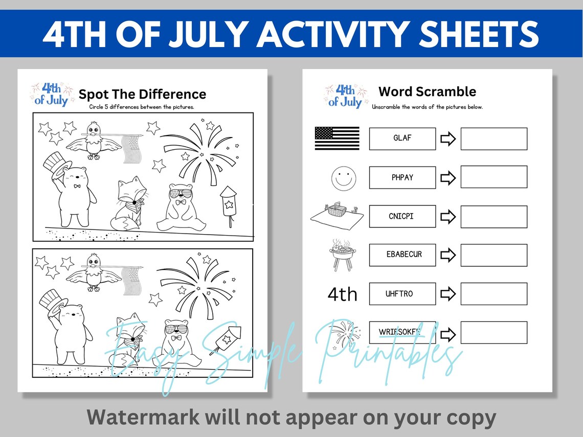 Fourth of July Activity Sheets 4th of July Activity Pages July 4th ...