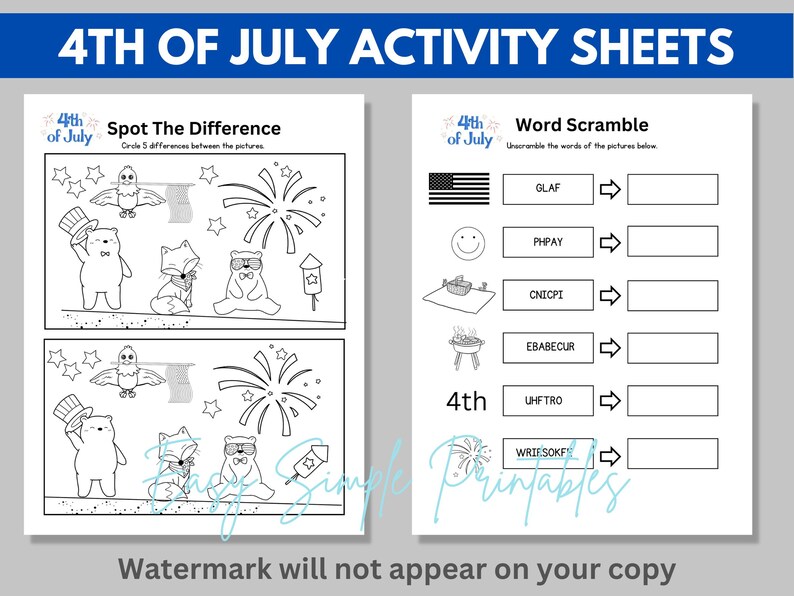 Fourth of July Activity Sheets 4th of July Activity Pages July 4th ...