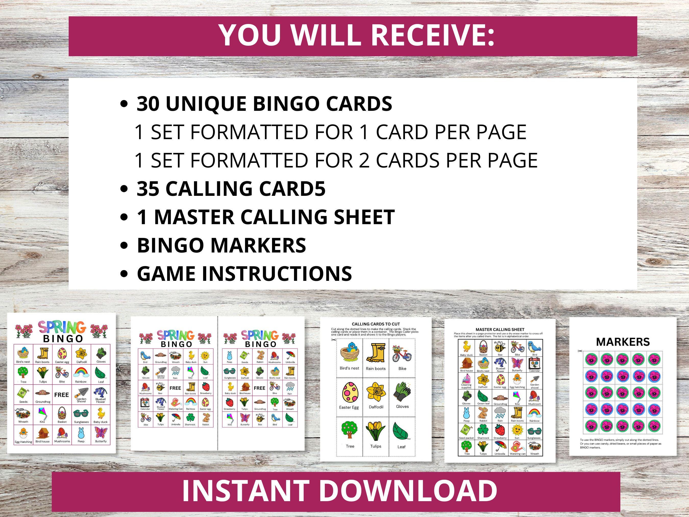 Spring Bingo Game, Printable Springtime Bingo, 30 Spring Bingo Cards ...