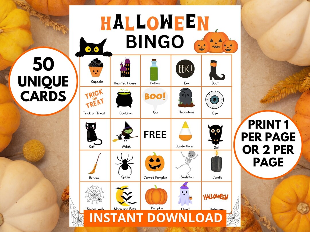 Halloween Bingo Game, 50 Halloween Bingo Cards Halloween Class Party ...