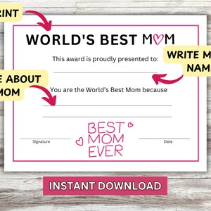 Mother's Day Certificate, Printable World's Best Mom Certificate ...