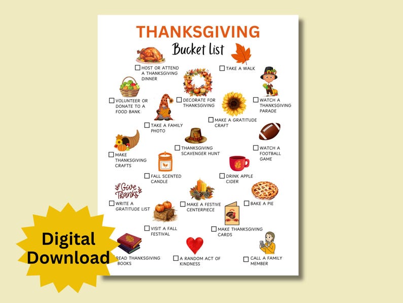 Thanksgiving Bucket List, Printable Thanksgiving List for Families ...