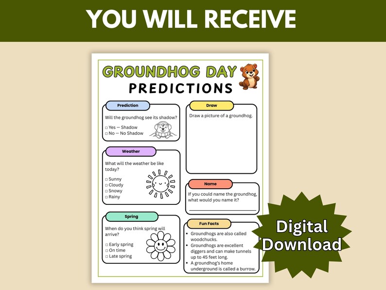 Groundhog Day Prediction Worksheet for Kids, Printable Classroom ...