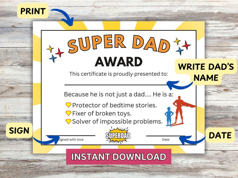 World's Best Dad Certificate, Super Dad Award, Father's Day Certificate ...