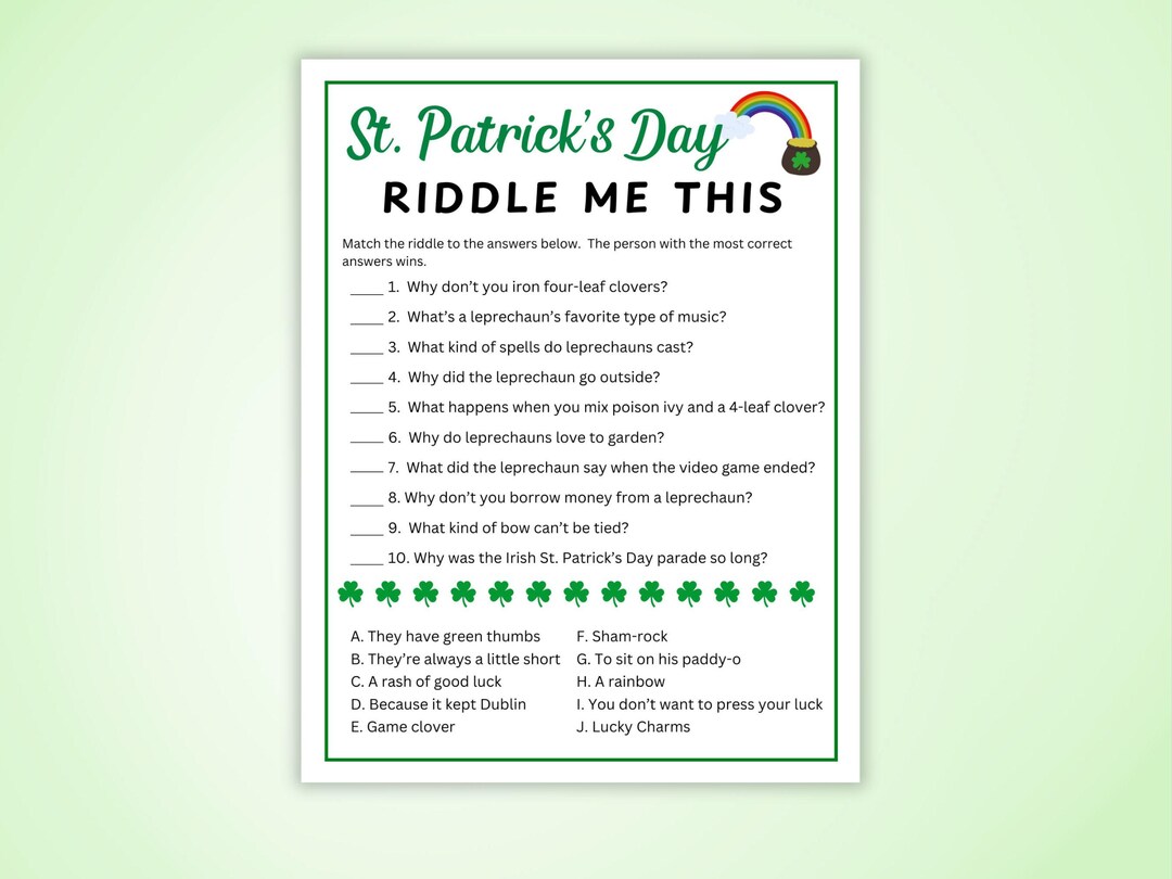 St. Patrick's Day Riddle Me This Game, Printable Jokes for Kids - Etsy