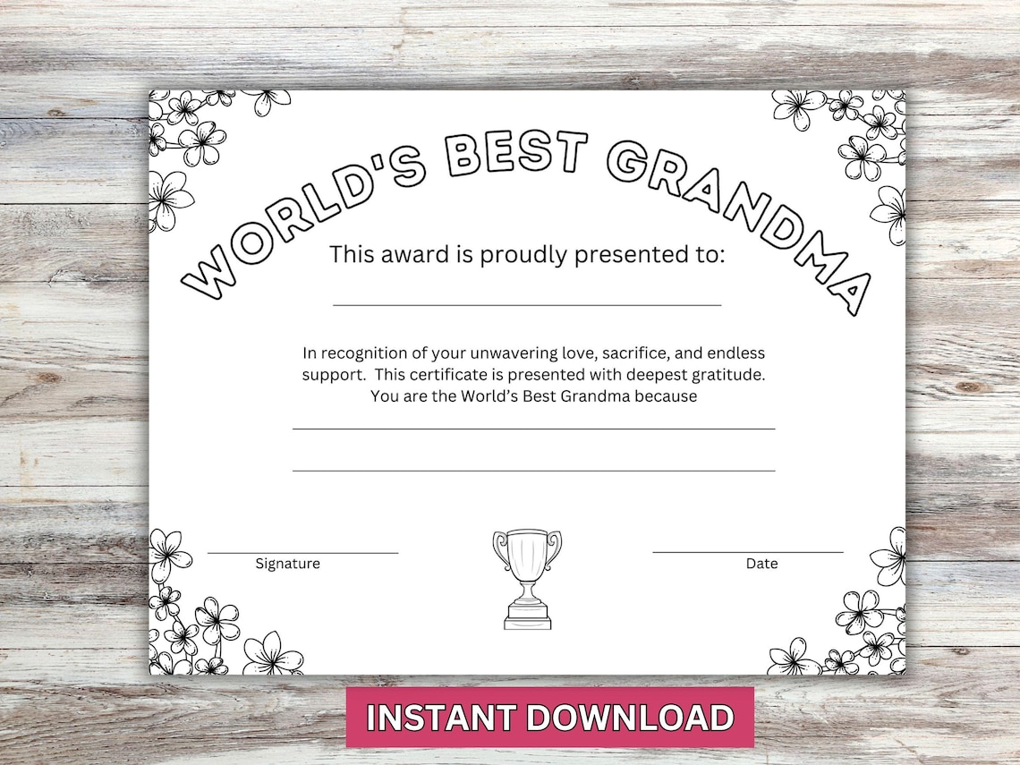 World's Best Grandma Certificate, Grandparent's Day Gift, Mother's Day ...