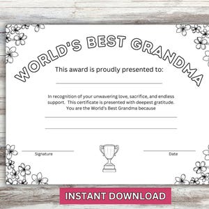 World's Best Grandma Certificate, Grandparent's Day Gift, Mother's Day ...