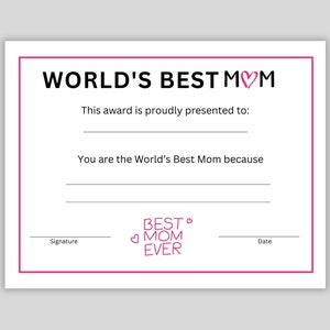 Mother's Day Certificate, Printable World's Best Mom Certificate ...