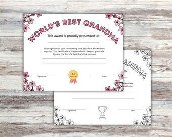 World's Best Grandma Certificate, Grandparent's Day Gift, Mother's Day ...