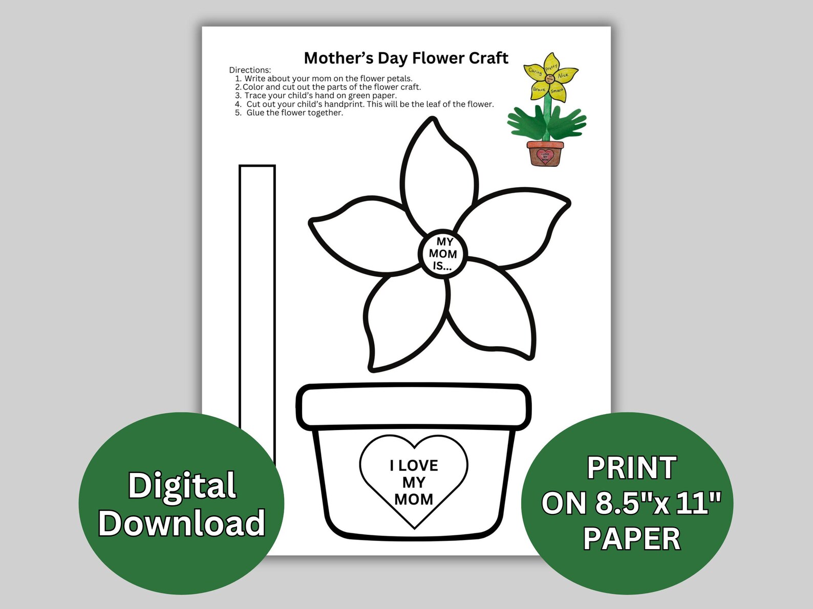 Mother's Day Handprint Flower Craft: Printable Coloring Page (PDF) - Etsy