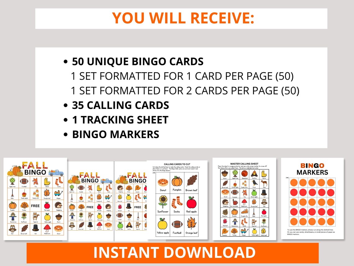 Fall Bingo Game 50 Fall Bingo Cards Fall Activity for Kids Printable ...