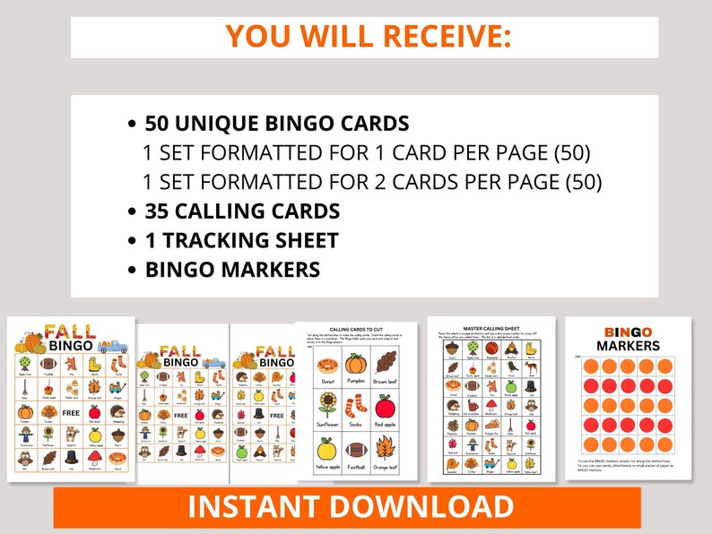 Fall Bingo Game 50 Fall Bingo Cards Fall Activity for Kids Printable ...