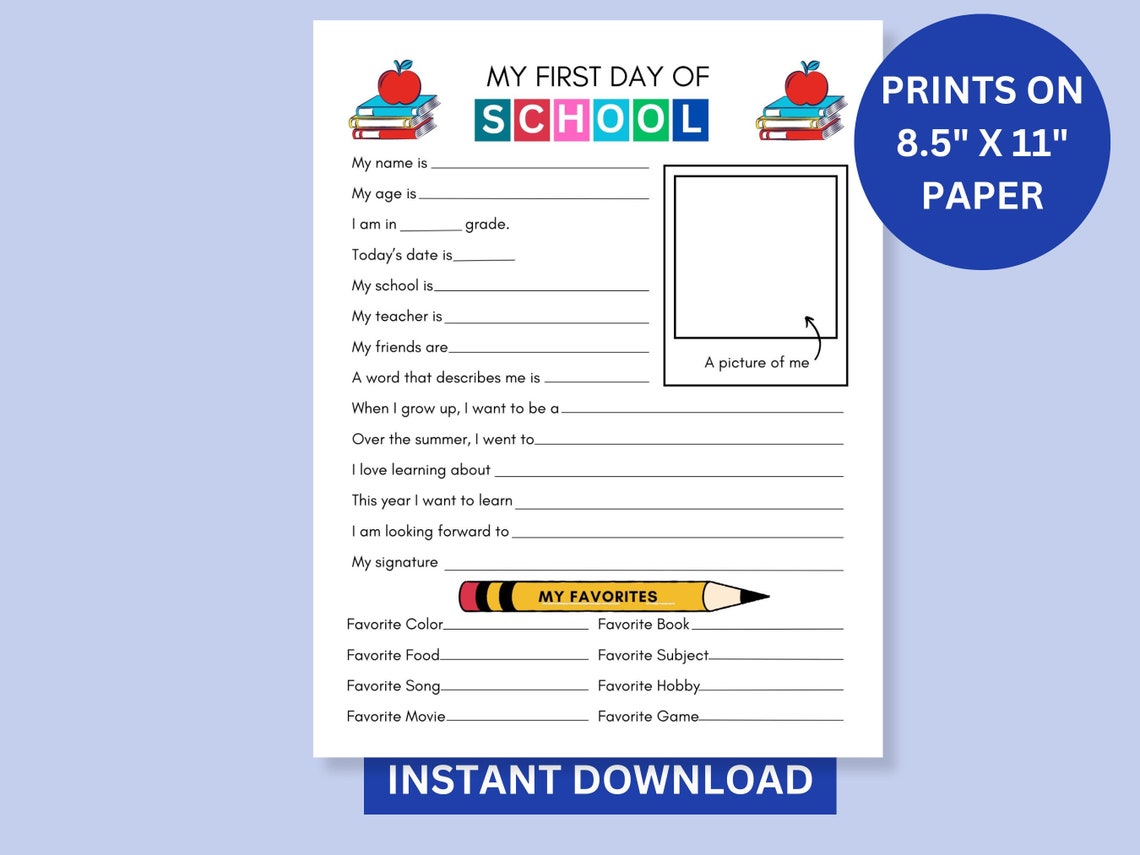 Printable First Day of School Questionnaire, First Day of School ...