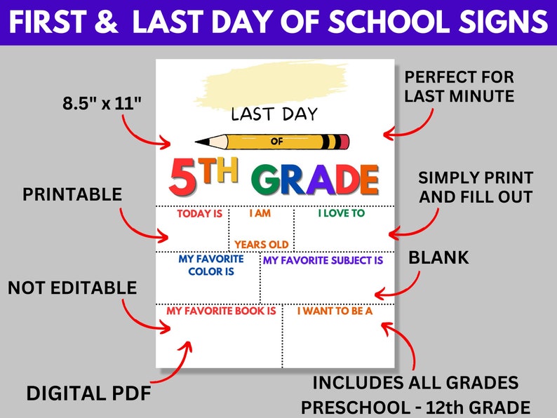 Blank First and Last Day of School Signs Printable Blank First Day of ...