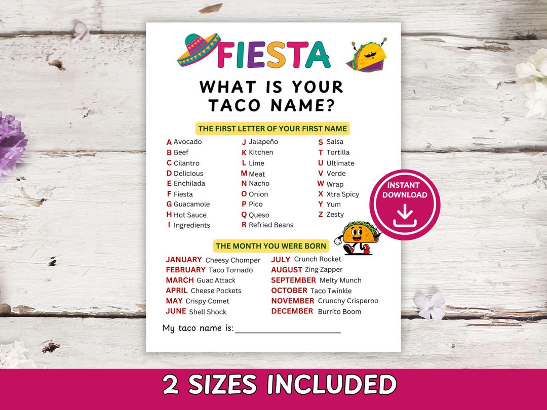 Fiesta Taco Name Game Printable | What is Your Taco Name | Party ...