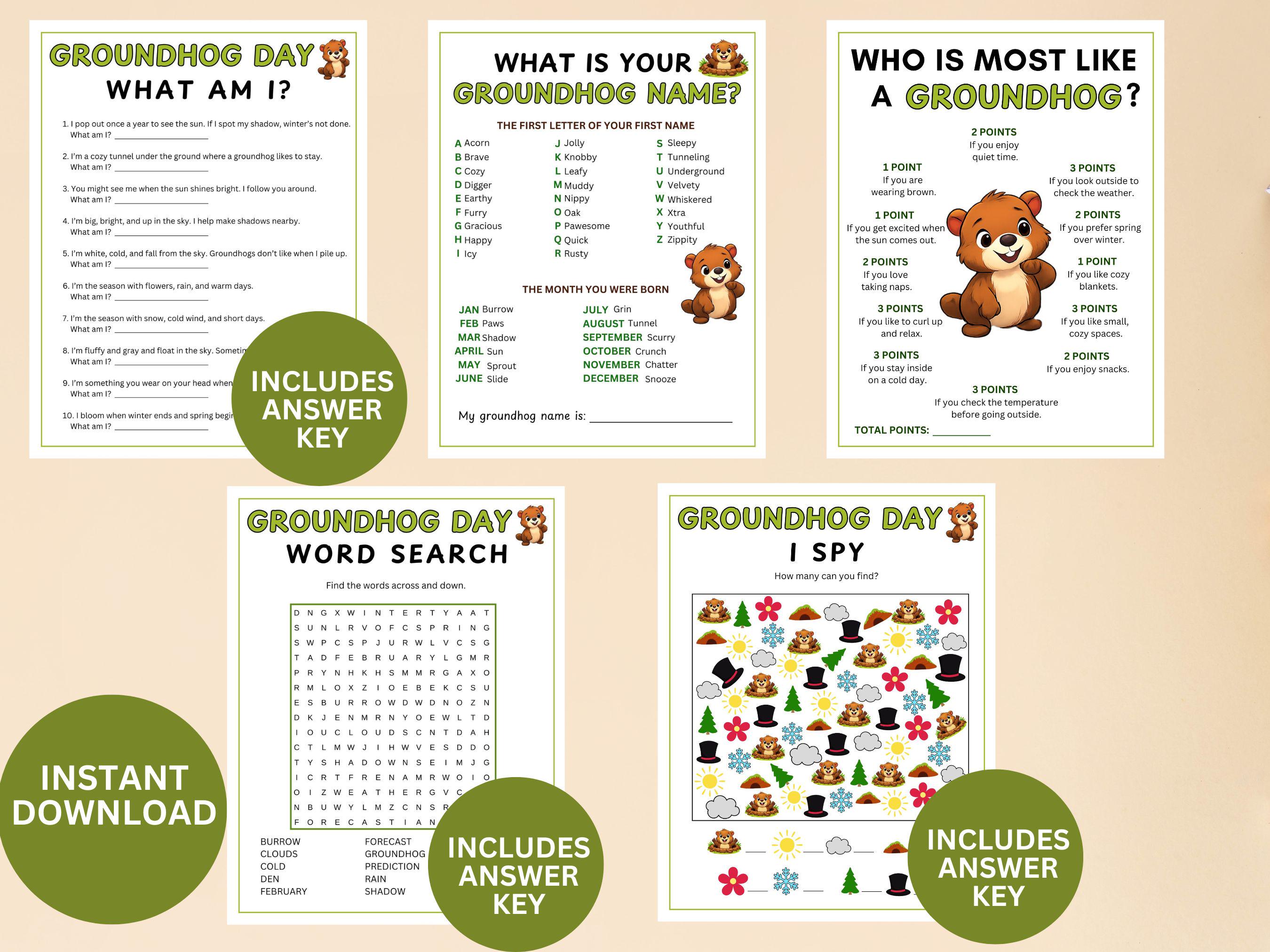 Groundhog Day Games for Kids, Printable Classroom Activities, February ...
