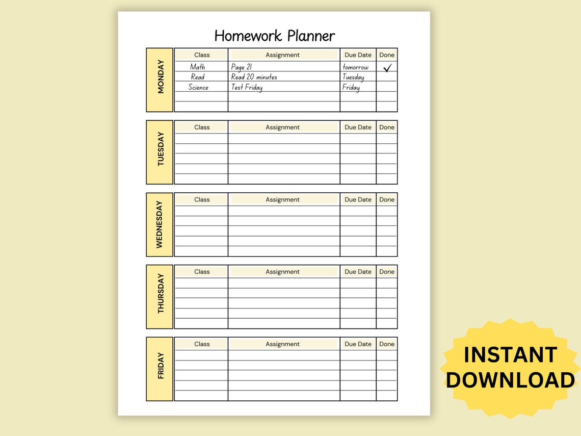 Printable Weekly Homework Planner: Student Assignment Tracker (digital ...