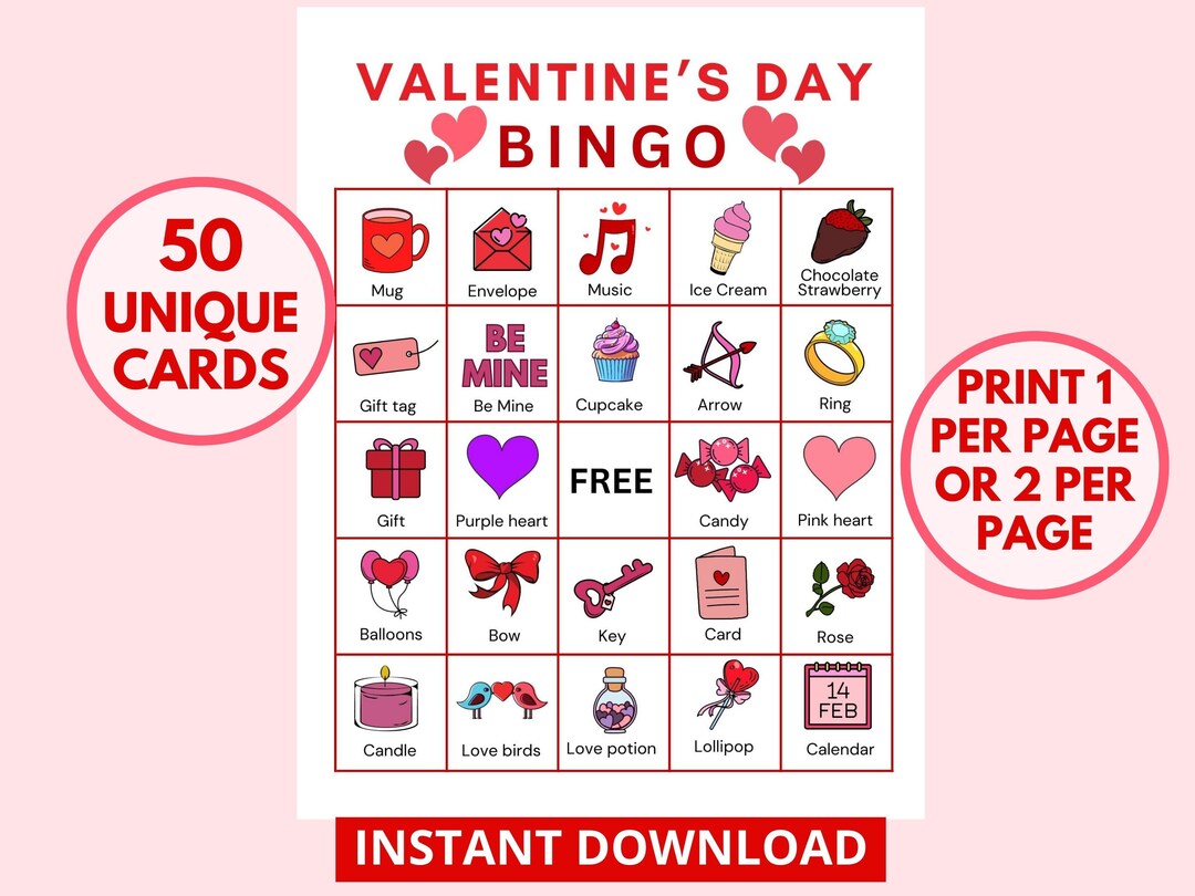 Valentine's Day Bingo Game Printable Valentine Classroom Party Game ...