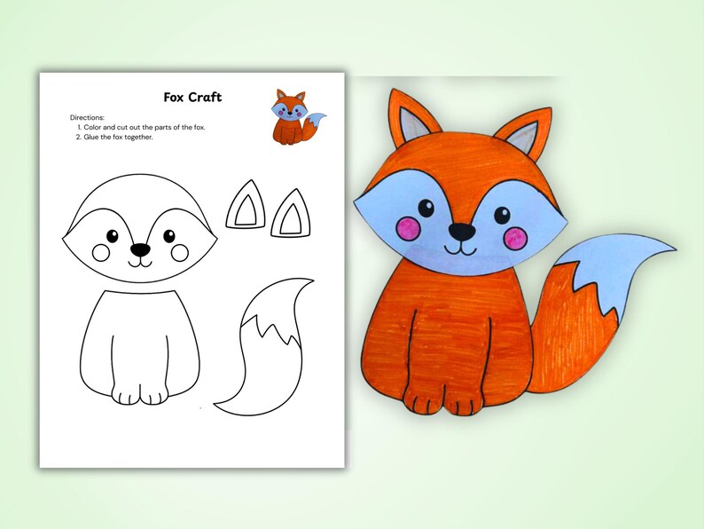 Fox Craft for Kids, Animal Coloring Activity, Cut and Paste Project for ...