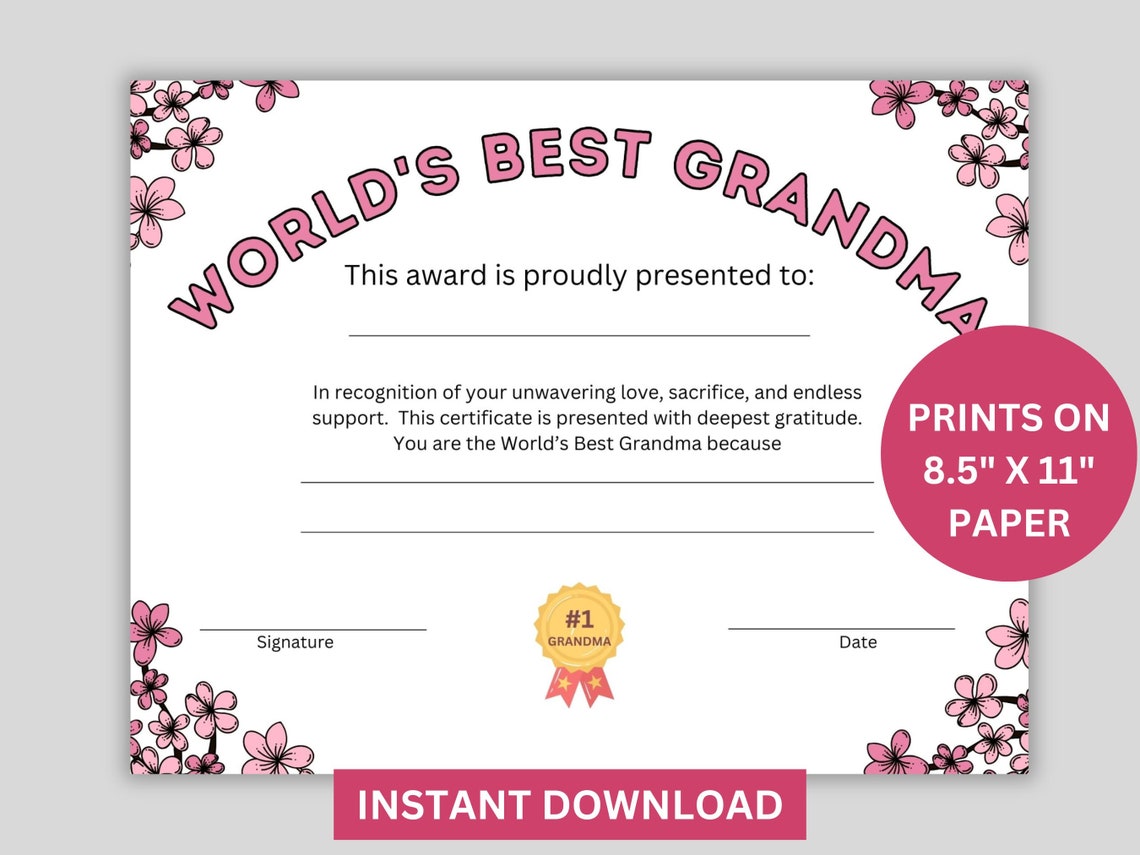 World's Best Grandma Certificate, Grandparent's Day Gift, Mother's Day ...