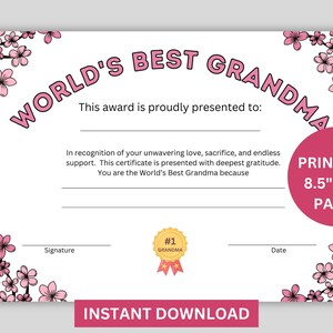World's Best Grandma Certificate, Grandparent's Day Gift, Mother's Day ...