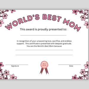 Mother's Day Certificate, Printable World's Best Mom Certificate ...