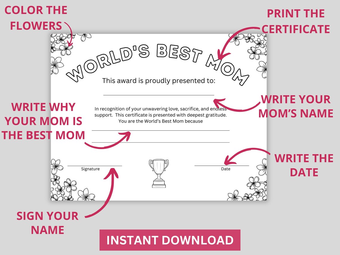 Mother's Day Certificate, Printable World's Best Mom Certificate ...