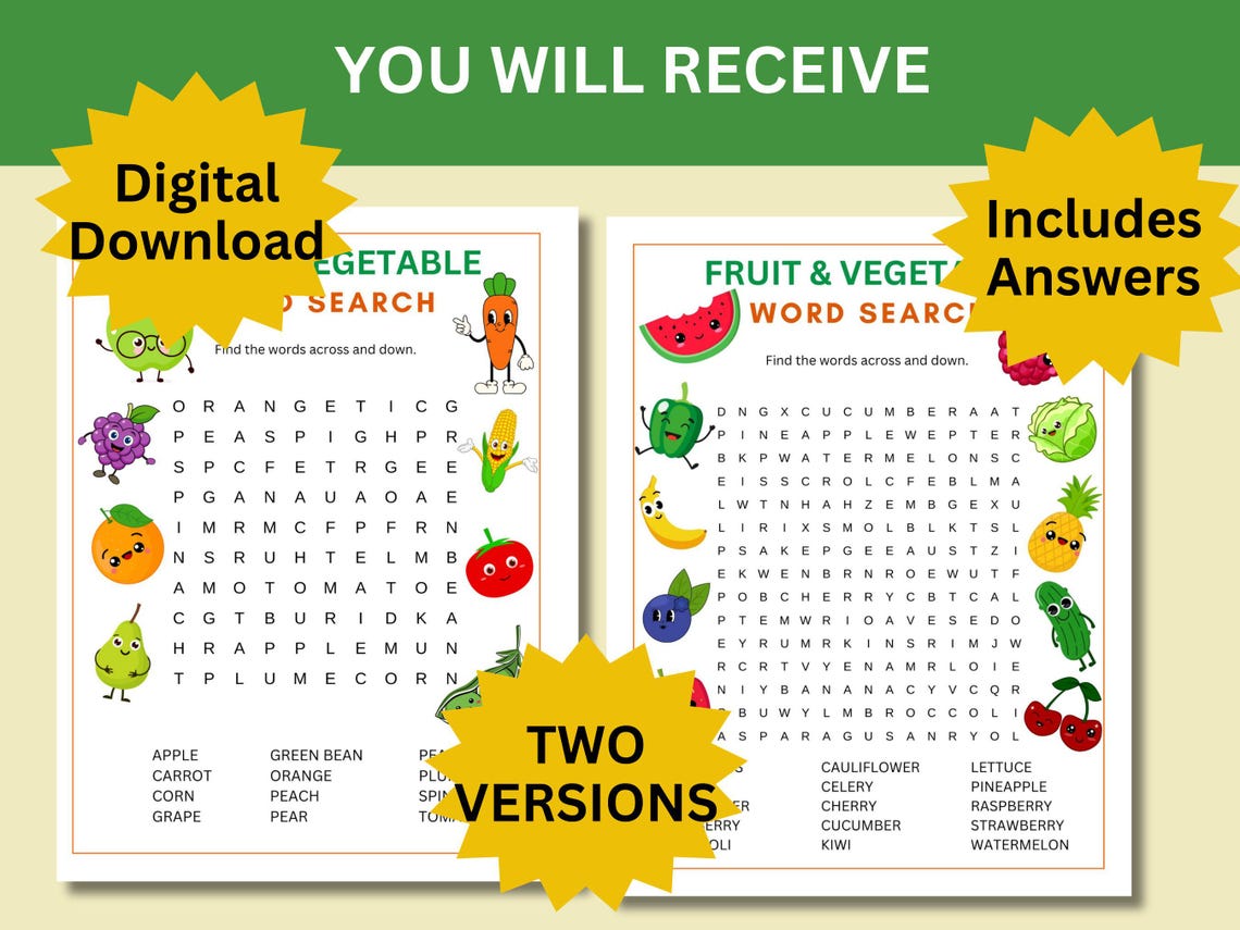 Fruit and Vegetable Word Search Puzzle, Fruit and Vegetable Game, Fruit ...