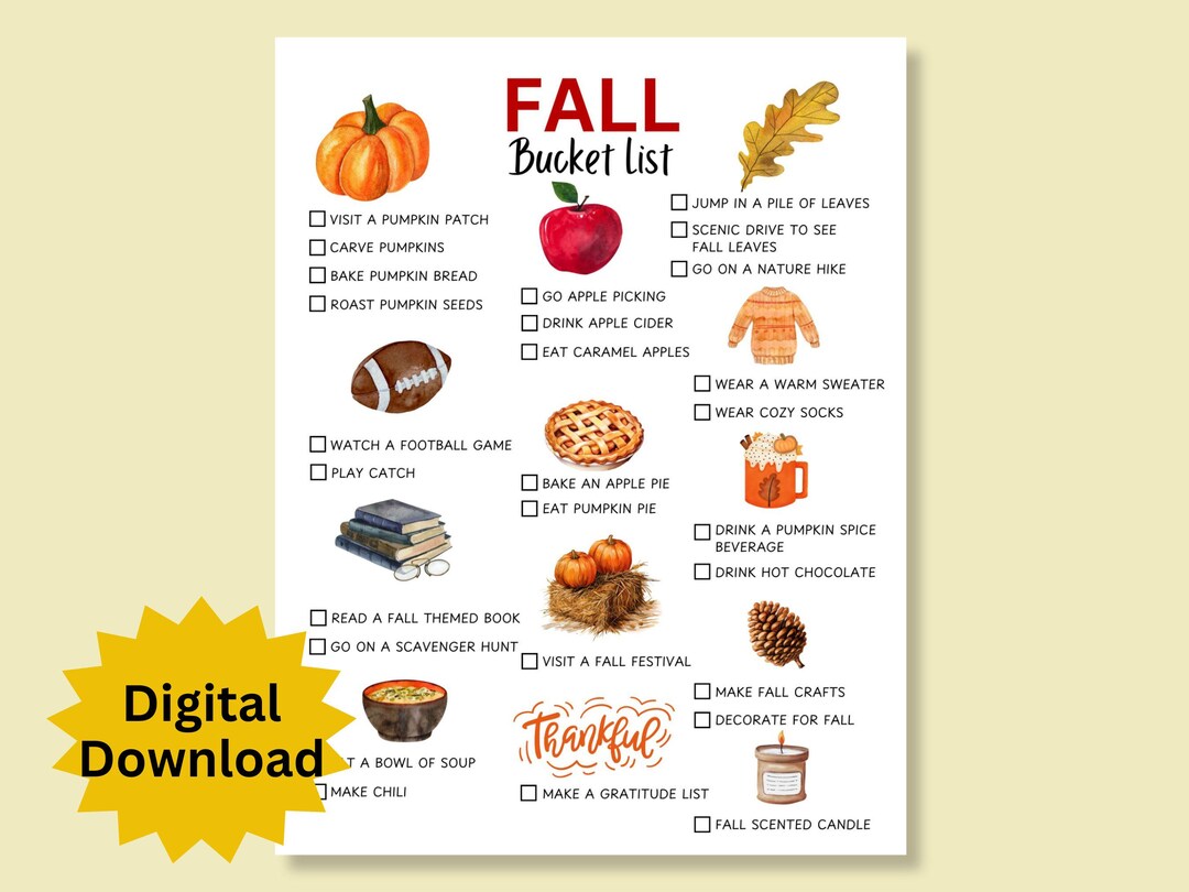 Fall Bucket List Printable, Fall Activity List, Autumn Bucket List ...