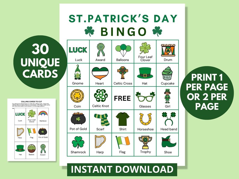 St. Patrick's Day Bingo Printable 30 St. Patrick's Day Bingo Cards St ...