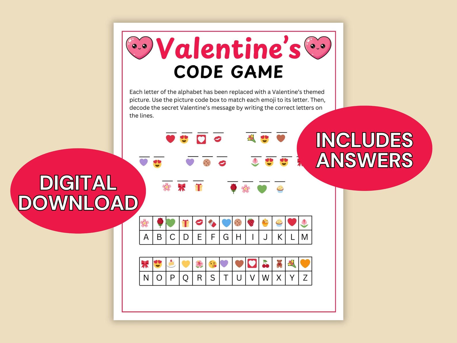 Valentine's Day Secret Code Game for Kids, Classroom and Party Activity ...