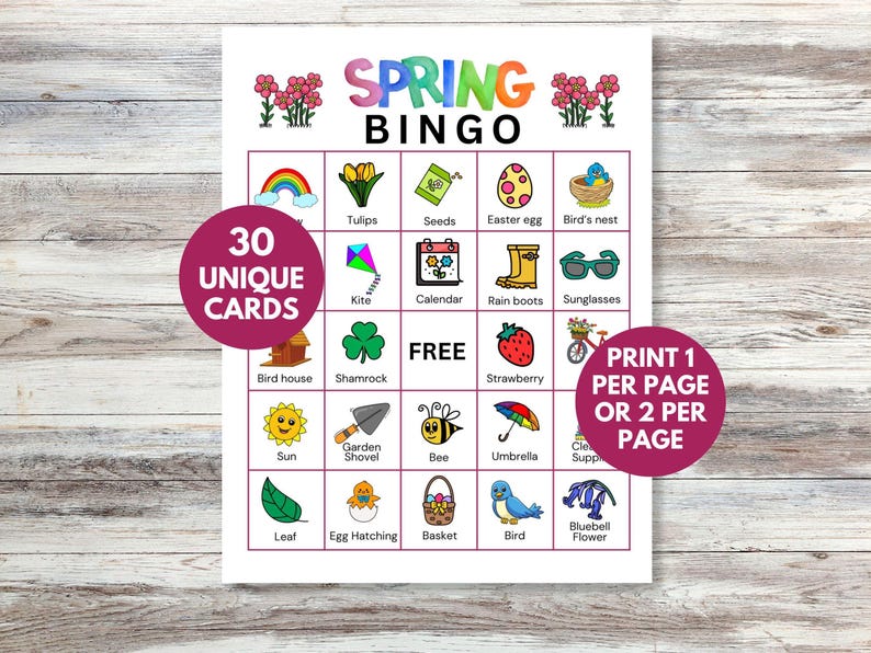Spring Bingo Game, Printable Springtime Bingo, 30 Spring Bingo Cards ...