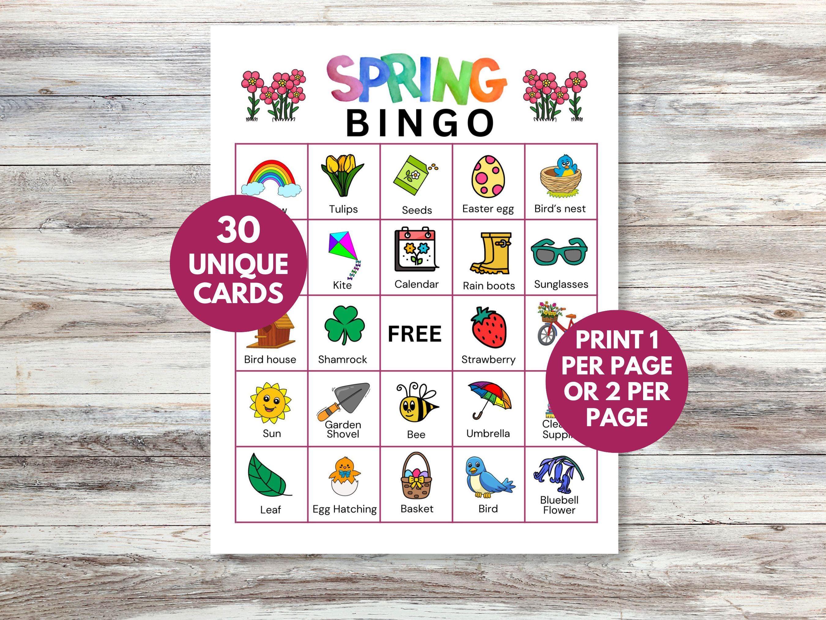 Spring Bingo Game, Printable Springtime Bingo, 30 Spring Bingo Cards ...