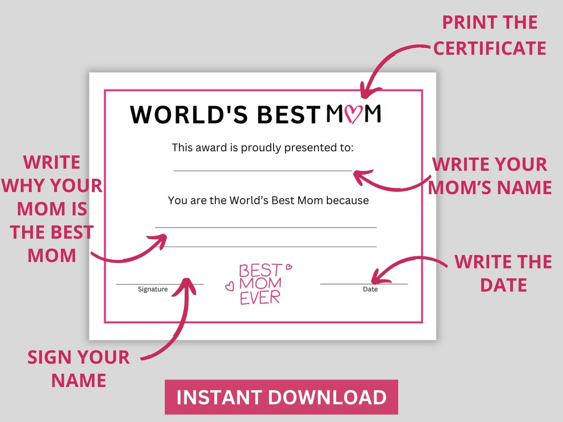 Mother's Day Certificate, Printable World's Best Mom Certificate ...