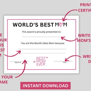 Mother's Day Certificate, Printable World's Best Mom Certificate ...