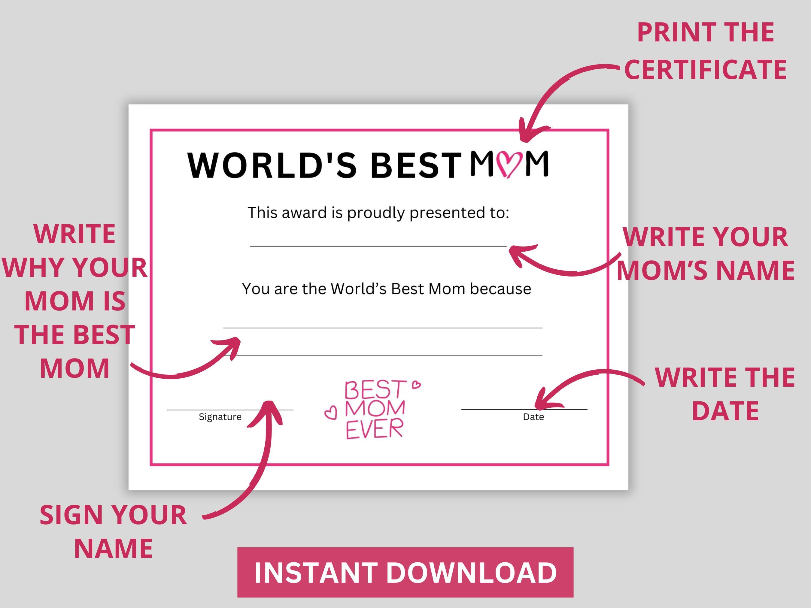 Mother's Day Certificate, Printable World's Best Mom Certificate ...