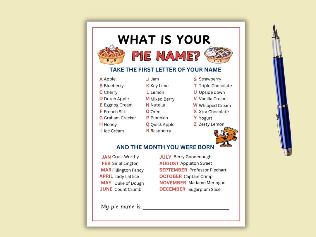 What is Your Pie Name Game, Pie Themed Party Activity for Pie Day ...