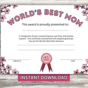 Mother's Day Certificate, Printable World's Best Mom Certificate ...