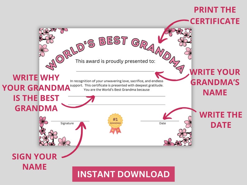 World's Best Grandma Certificate, Grandparent's Day Gift, Mother's Day ...