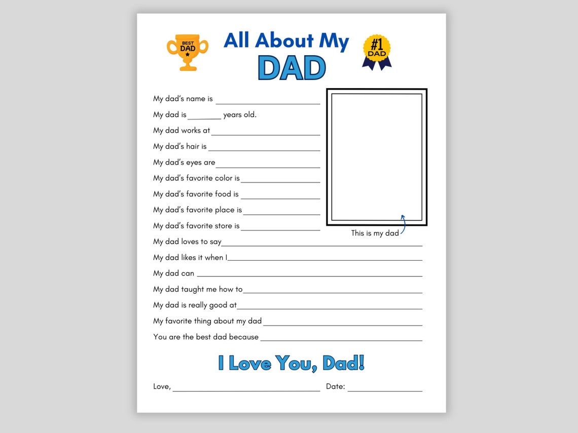 All About My Dad Printable, Father's Day Gift, Dad's Birthday Gift ...