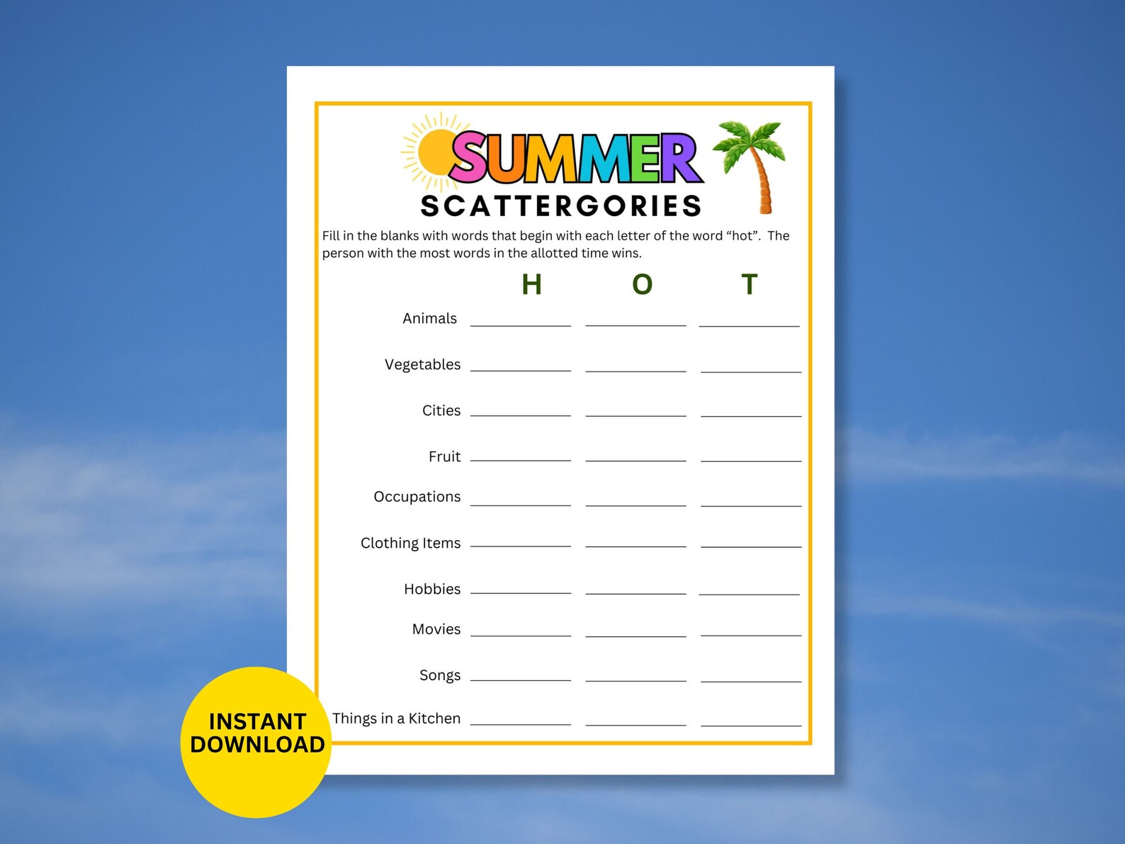Summer Games, Printable Summer Game, Summer Activities, Summer Party ...