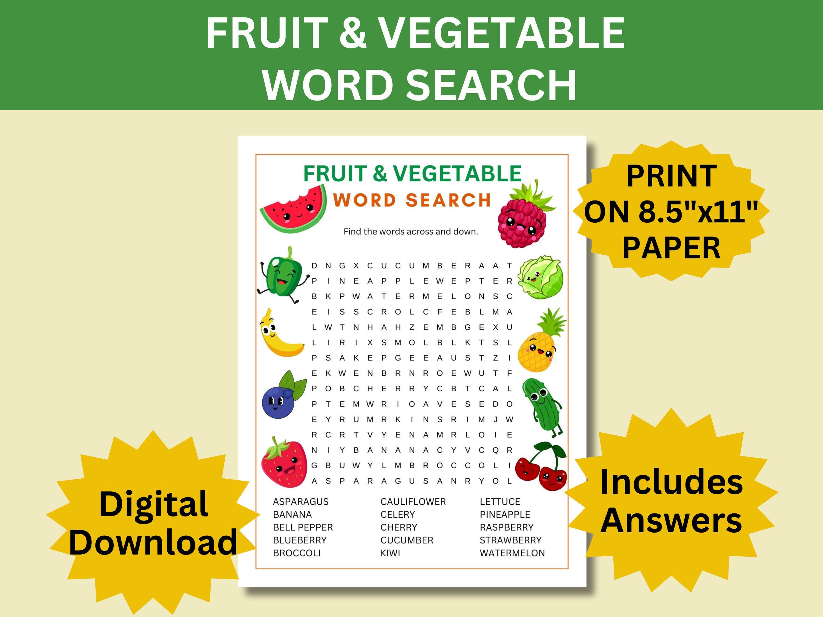 Fruit and Vegetable Word Search Puzzle, Fruit and Vegetable Game, Fruit ...
