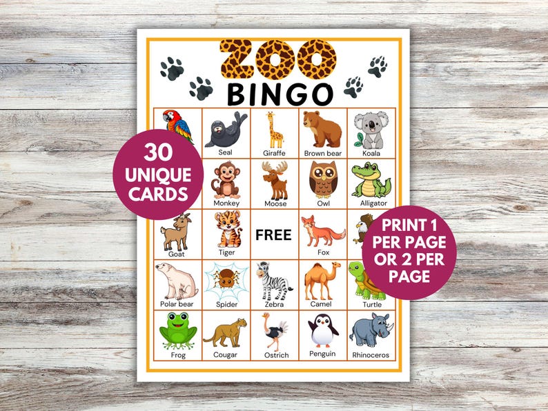Zoo Animal Bingo Game: 30 Printable Cards (digital Download) - Etsy