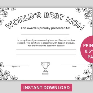 Mother's Day Certificate, Printable World's Best Mom Certificate ...