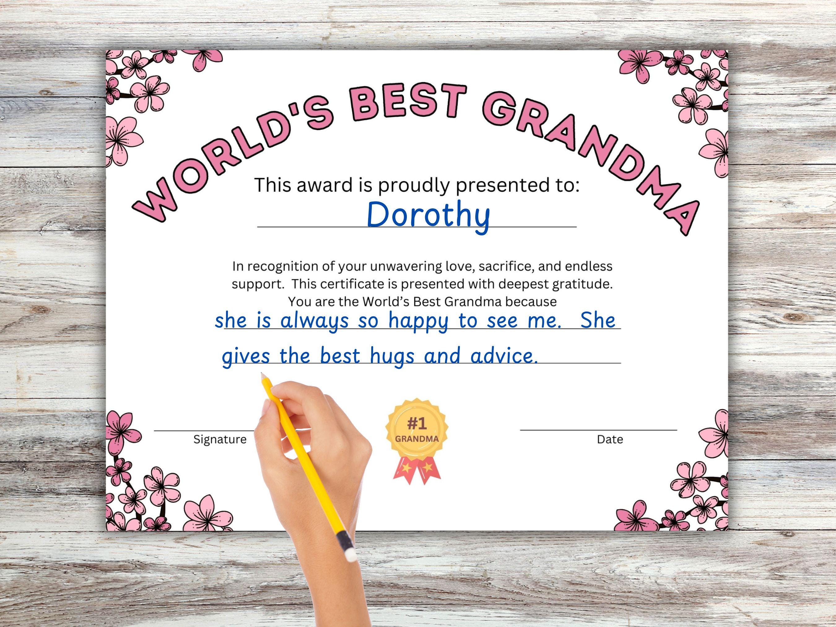 World's Best Grandma Certificate, Grandparent's Day Gift, Mother's Day ...