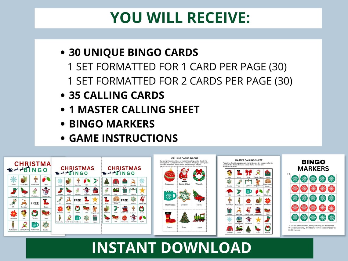 Christmas Bingo Printable 30 Unique Holiday Bingo Cards Christmas Games ...