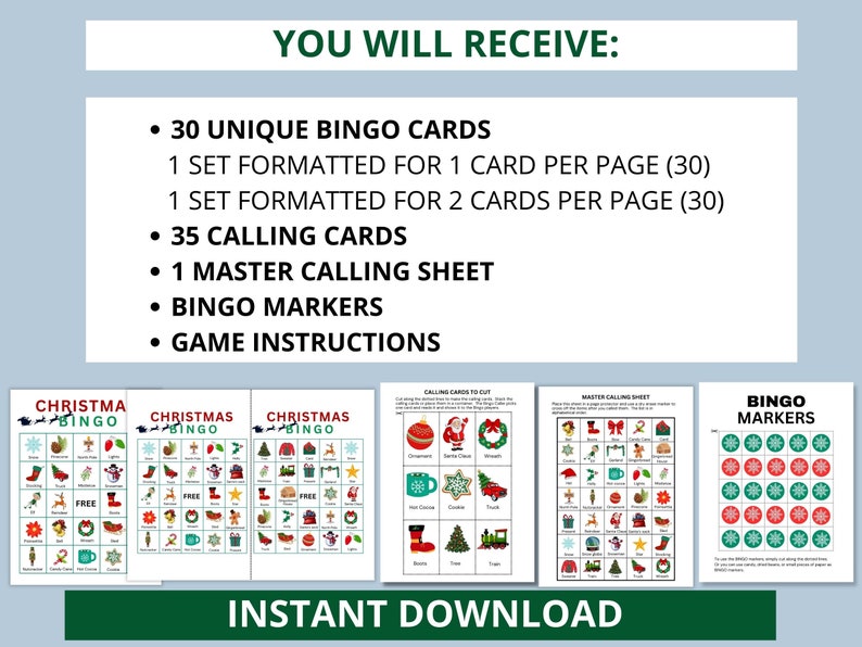 Christmas Bingo Printable 30 Unique Holiday Bingo Cards Christmas Games ...