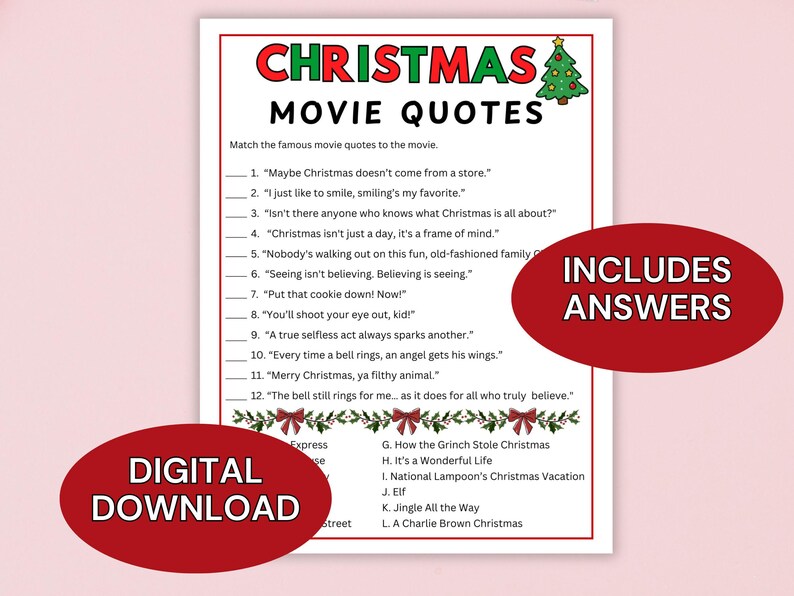 Christmas Movie Quotes Trivia Game, Holiday Party Game - Etsy