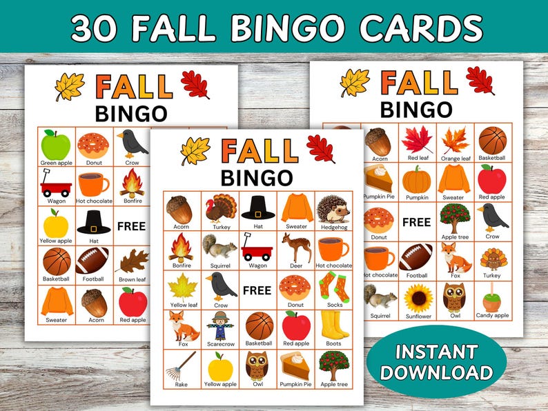 Fall Bingo Game: 30 Printable Cards, Classroom Activity (PDF) - Etsy
